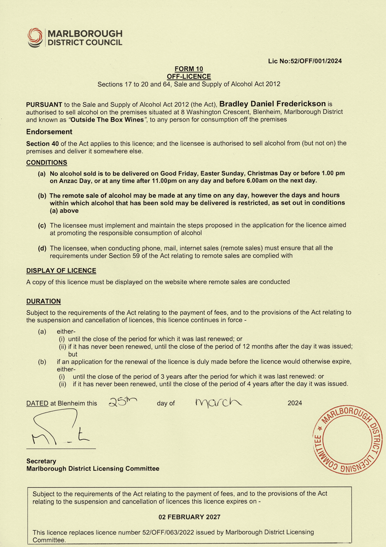 ALCOHOL LICENSE | Outside The Box Wines